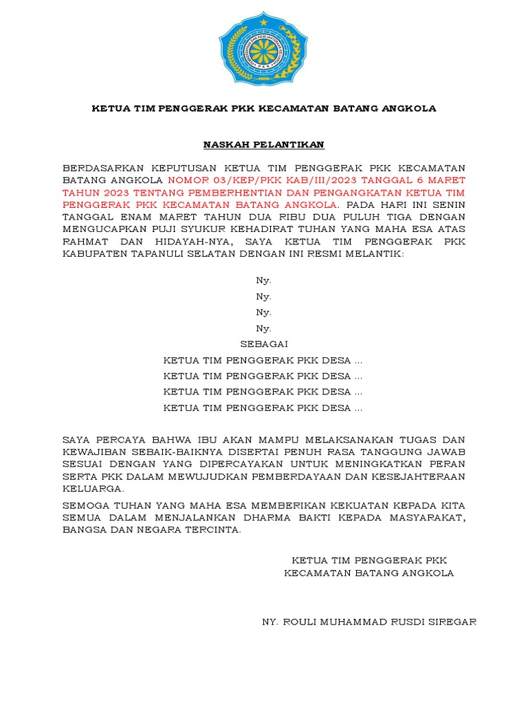 Contoh Naskah Pelantikan PKK | PDF