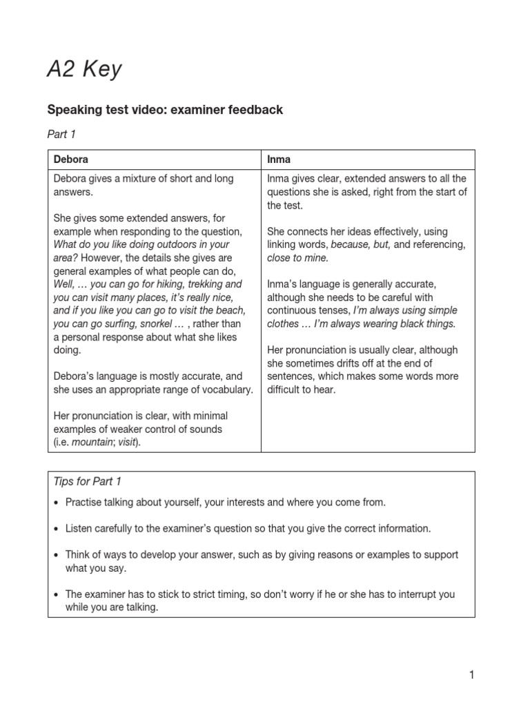 A2 Key - Speaking Test - Examiner Feedback | PDF | Communication ...