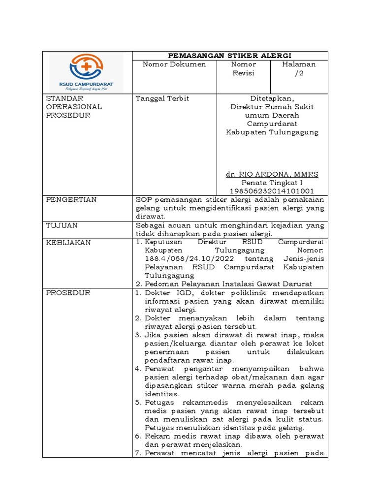 SOP Pemasangan Stiker Alergi | PDF | Kesehatan Holistik | Sains ...
