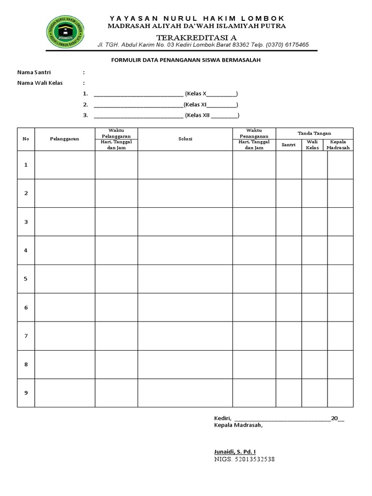 Formulir Penanganan Santri | PDF