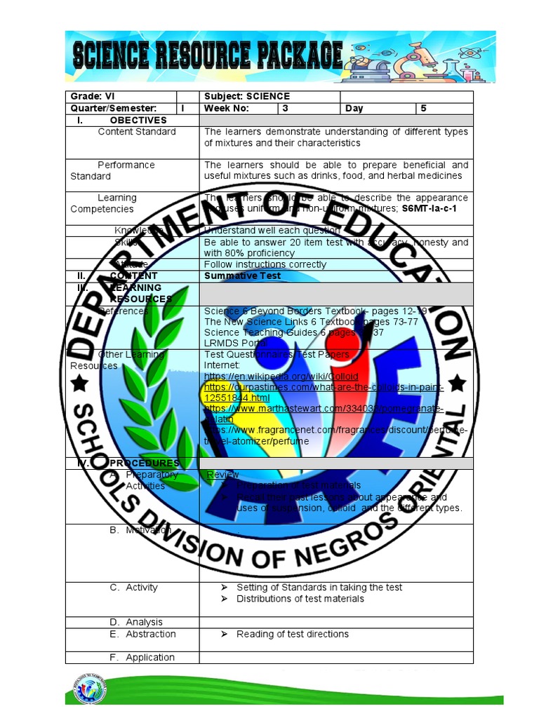 DLP SCIENCE 6 Q1 Wk3 Day 5 | PDF | Colloid | Mixture