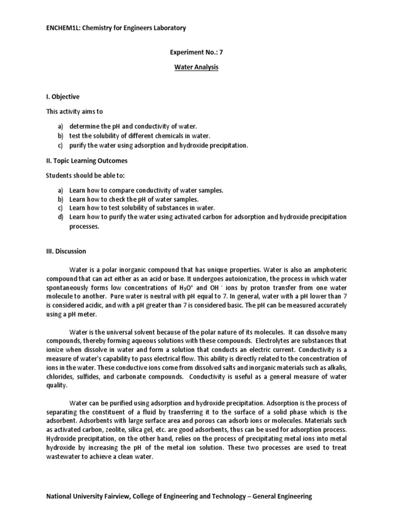 Experiment 7. Water Analysis | PDF | Ph | Hydroxide
