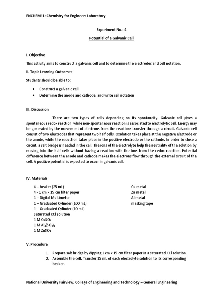 Experiment 4. Potential of A Galvanic Cell | PDF | Electrode | Anode