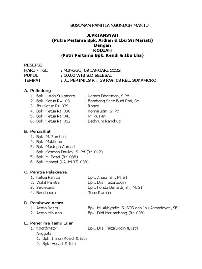 Susunan Panitia Ngunduh Mantu | PDF