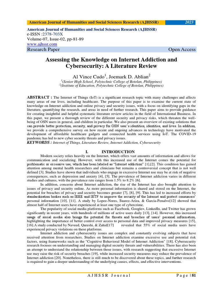 Assessing The Knowledge On Internet Addiction And Cybersecurity A Literature Review Download