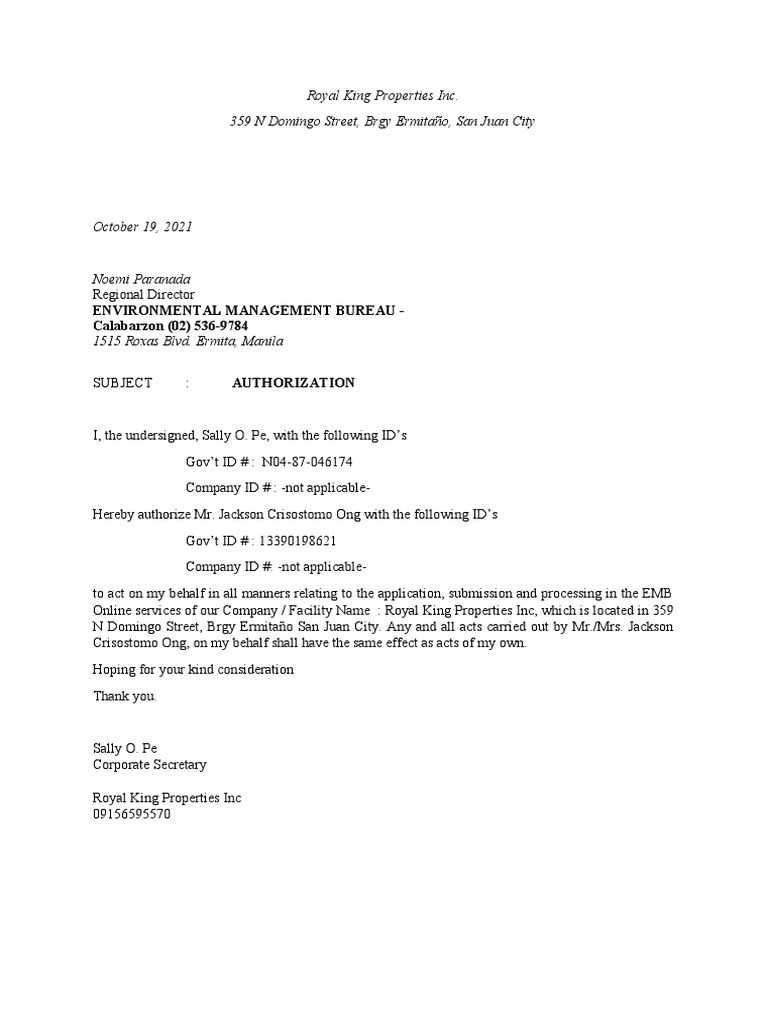 AUTHORIZATION Letter For CRS (CAVITE) | PDF