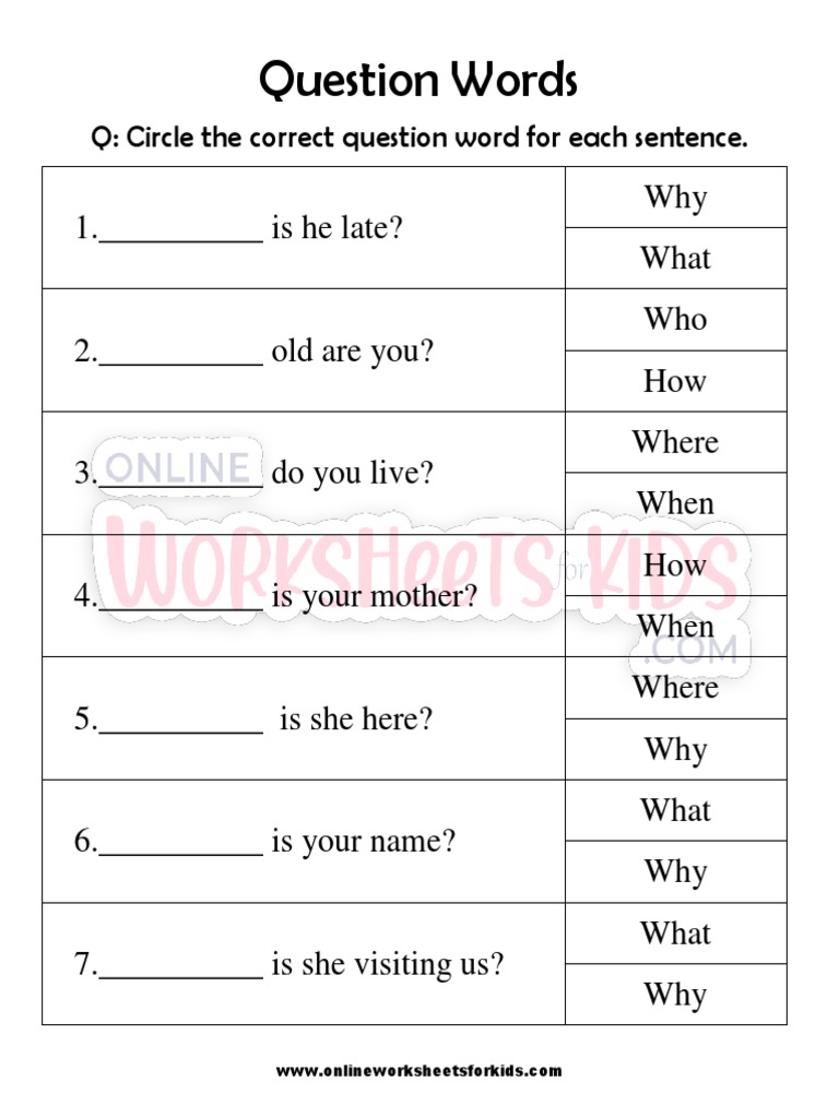 Question Words Worksheet for Grade 1 | PDF