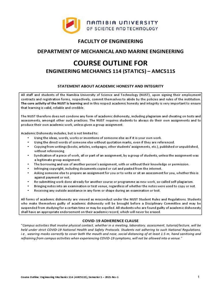 AMC511S Statics Course Outline FoE - Rev1-2021 PDF | PDF | Force ...