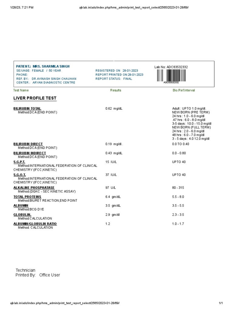 Liver Profile Test: Patient.: Mrs. Sharmila Singh | PDF | Biochemistry ...