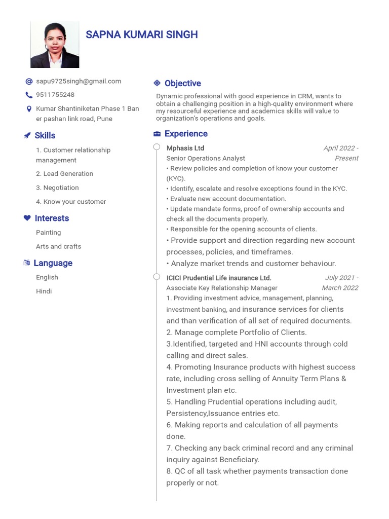 Sapna's Resume PDF | PDF | Banks | Customer Relationship Management