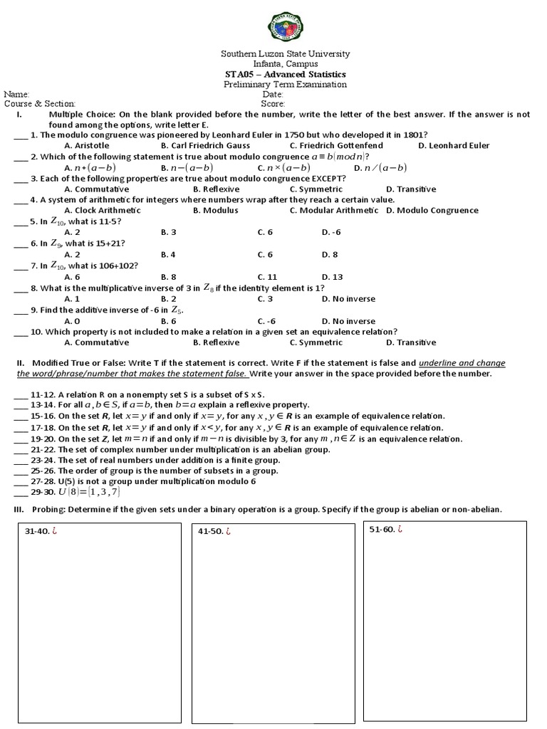 Prelim Examination Mat15 Zuela | PDF | Algebra | Ring Theory
