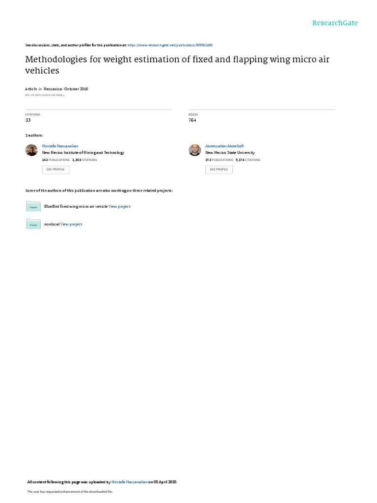 Methodologies For Weight Estimation of Fixed and Apping Wing Micro Air ...