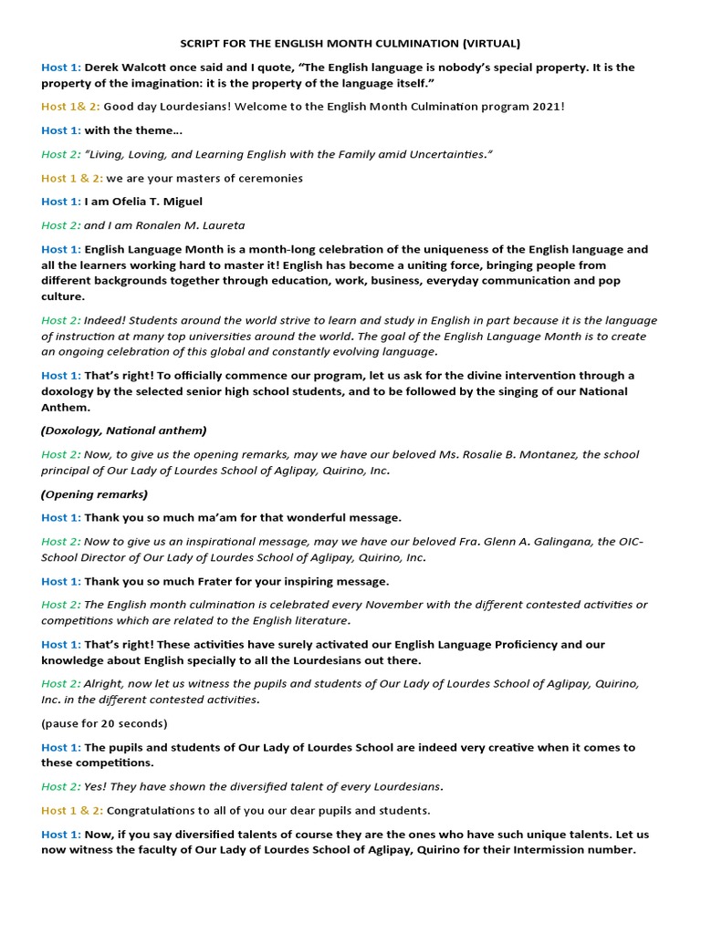 Script For The English Month Culminating Activity | PDF