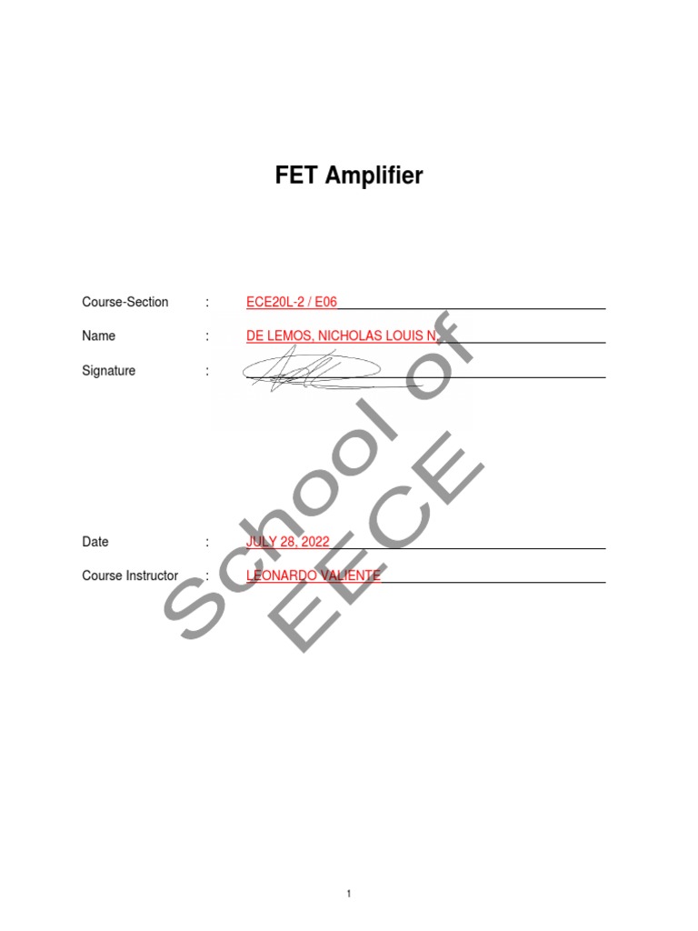 ECE20L - 2 - Expt7 - DE LEMOS PDF | PDF | Field Effect Transistor | Amplifier