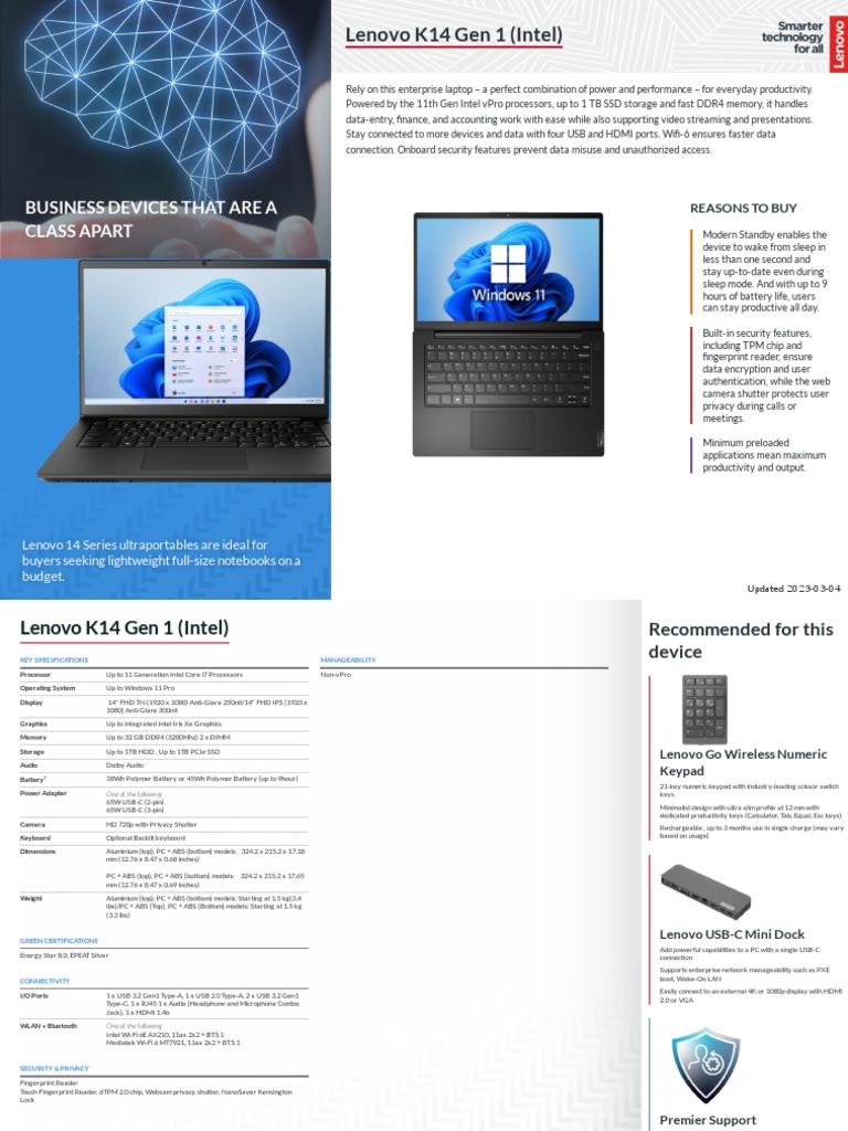 Lenovo K14 Gen 1 (Intel) : Business Devices That Are A Class Apart | PDF | Laptop | Solid State ...