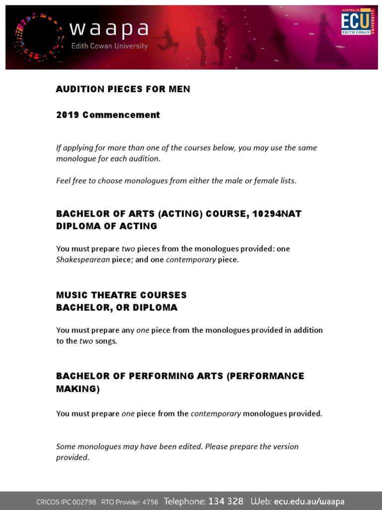 WAAPA Audition Monologues (2018) | PDF