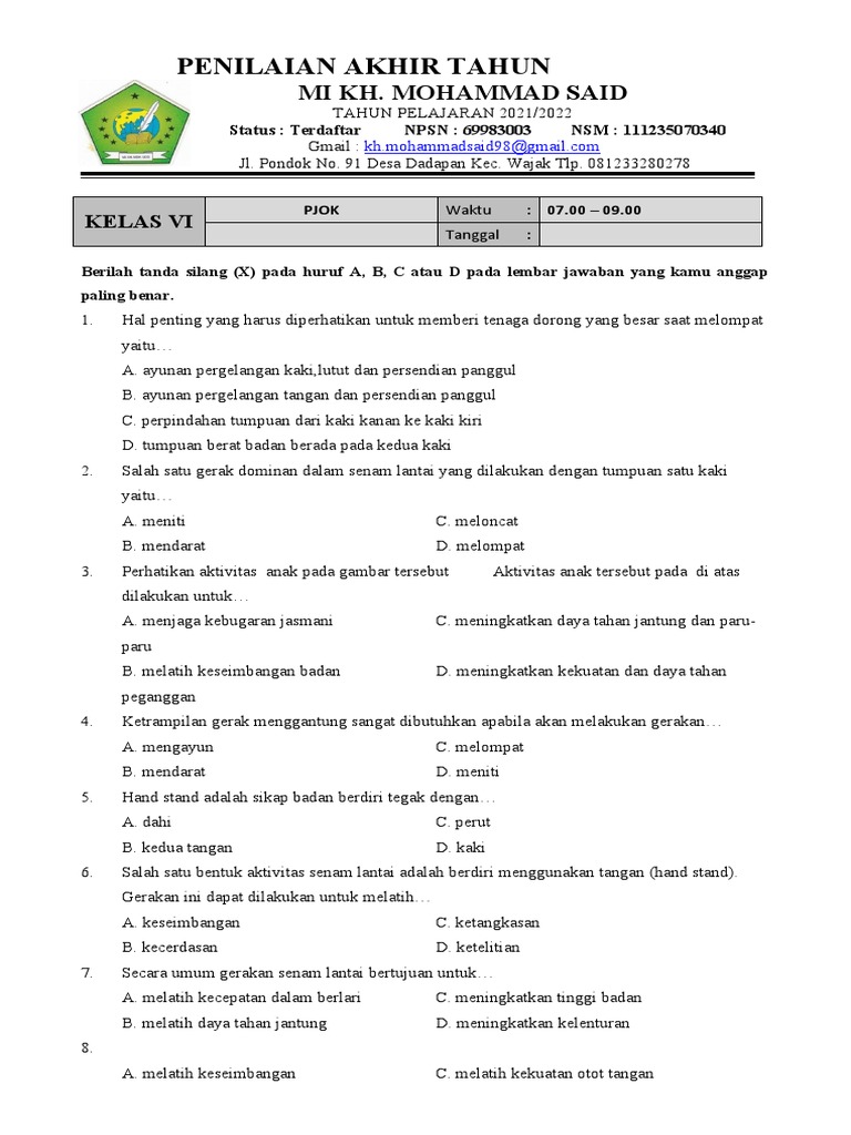 Naskah Soal Pat - 2022 - Kelas 6 - Pjok | PDF