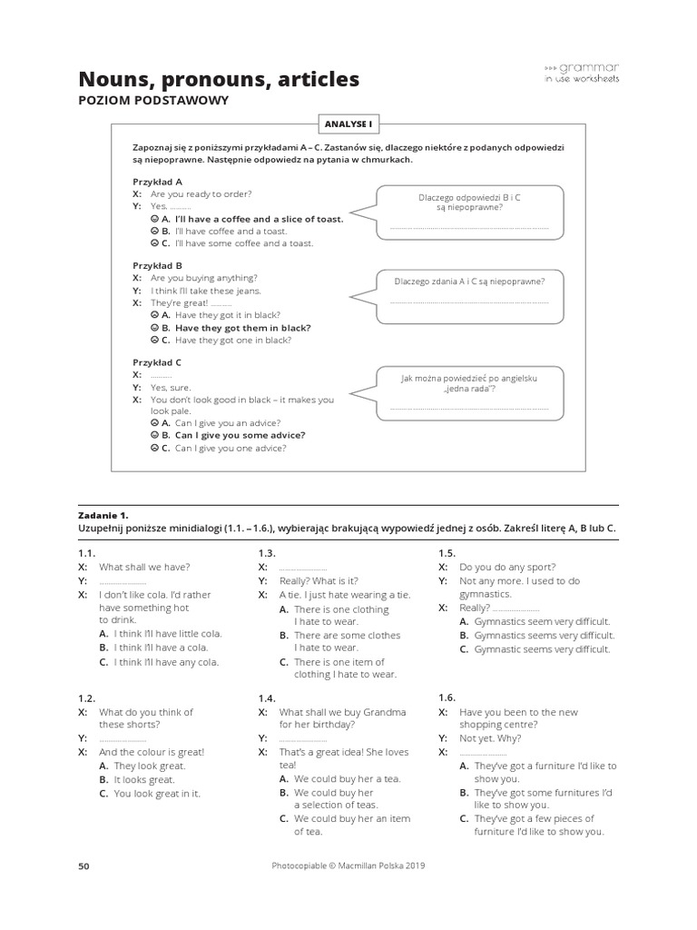 Grammar - in - Use - Worksheets Nounspronounsarticles | PDF