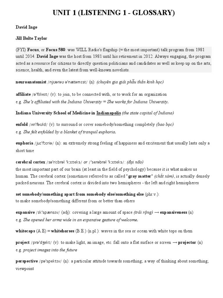 Unit 1 (LISTENING 1) Glossary Vocabulary Check-2 | PDF | Cognitive Science | Cognition