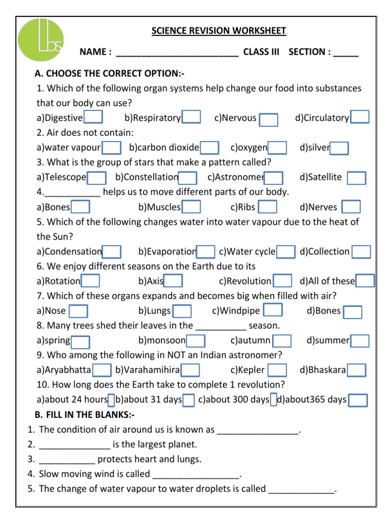 Class III Science Worksheet | PDF | Water | Earth