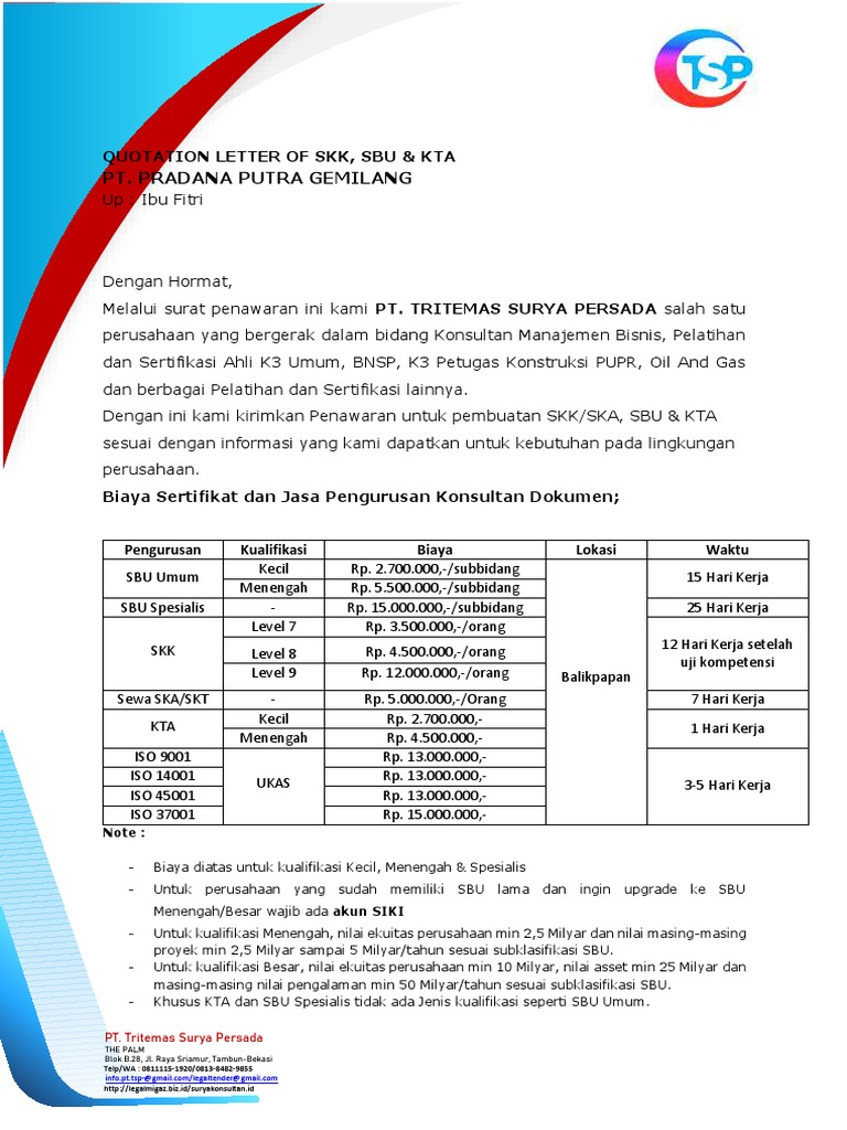 Penawaran Sbu Pt. Pradana Putra Gemilang | PDF
