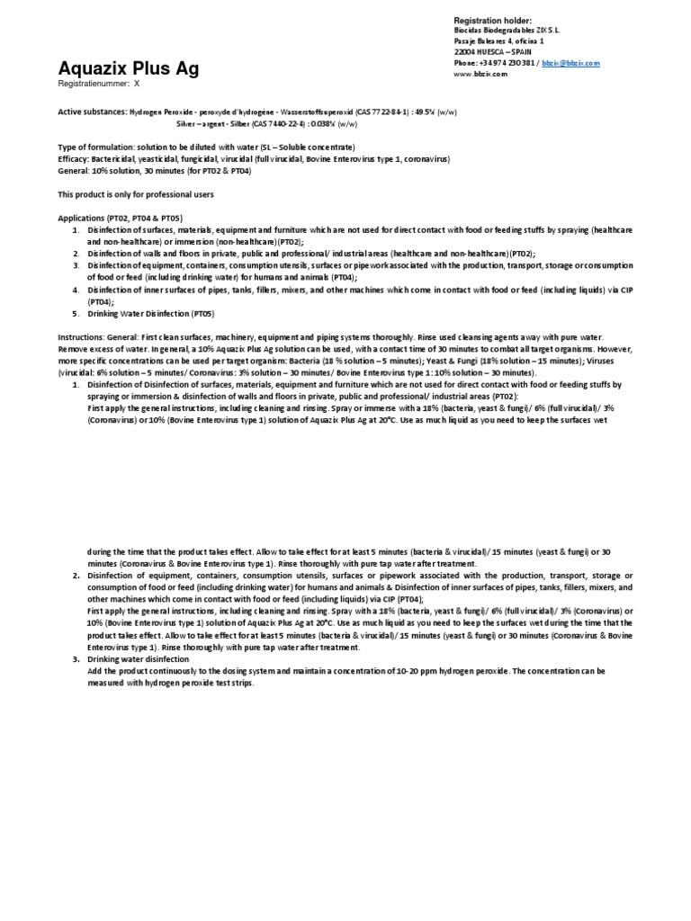 Aquazix Plus Ag 2022 09 30 b03 | PDF | Disinfectant | Water