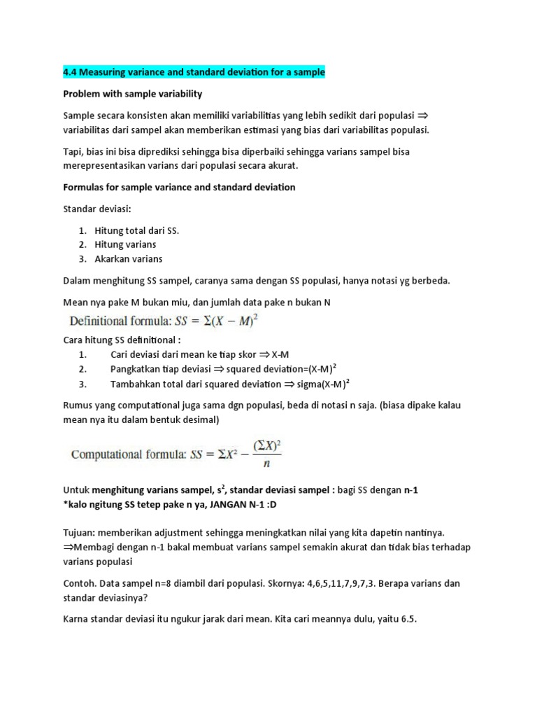 4.4 Measuring Variance and Standard Deviation For A Sample Problem With Sample Variability | PDF