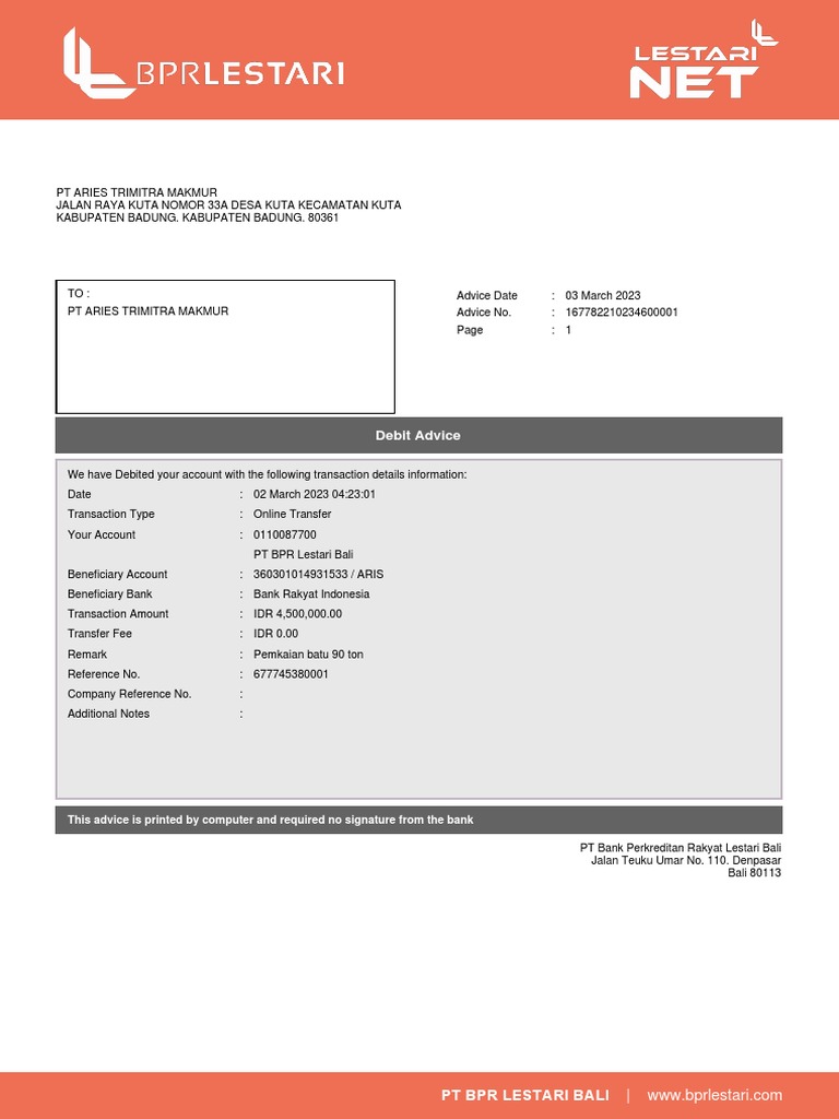 Advice Debit 0110087700 | PDF | Bali | Banking