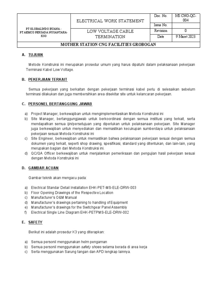 Low Voltage Cable Termination Procedure | PDF