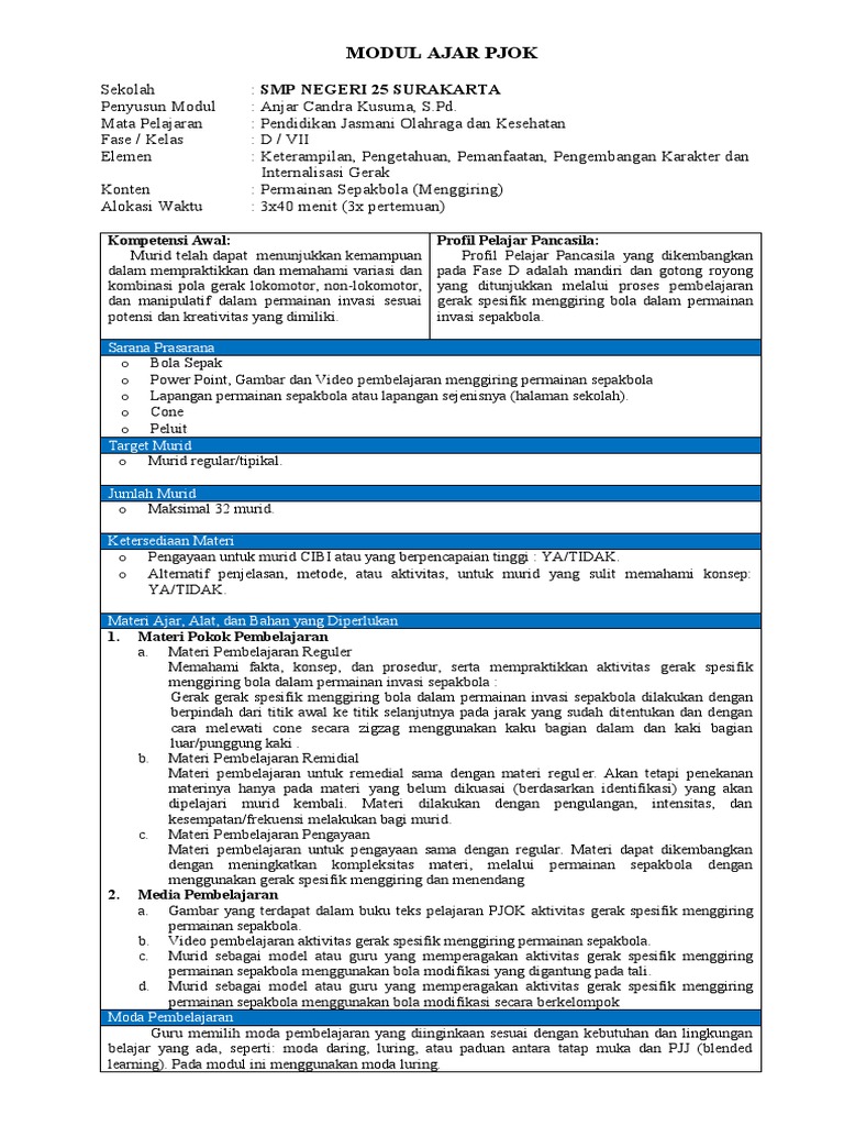 Perangkat Pembelajaran IKM - Modul Ajar Menggiring Sepakbola | PDF | Karier & Perkembangan | Seni