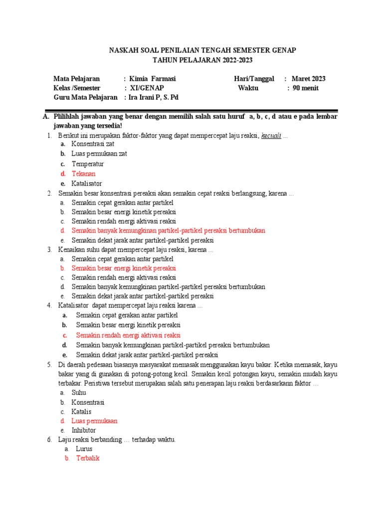 Soal PTS Genap Kimia Farmasi Xi | PDF