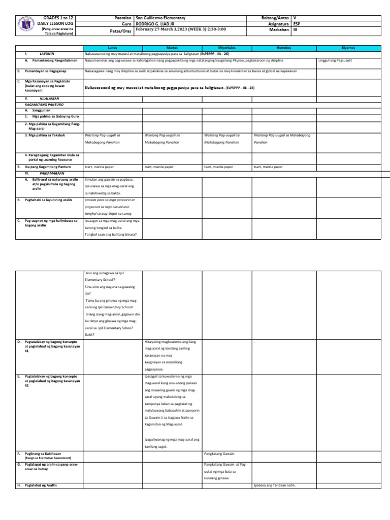 Done - Grade 5 DLL ESP 5 Q3 Week 3 | PDF