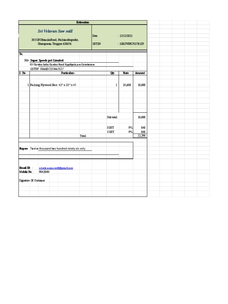 Sri Velavan Sawmill (Super Speeds Plywood Box Estimation) | PDF
