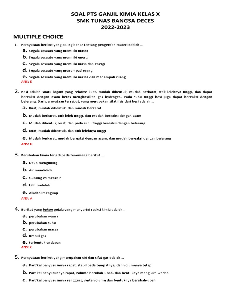 Soal Pas Ganjil Kimia X | PDF | Teknologi & Rekayasa