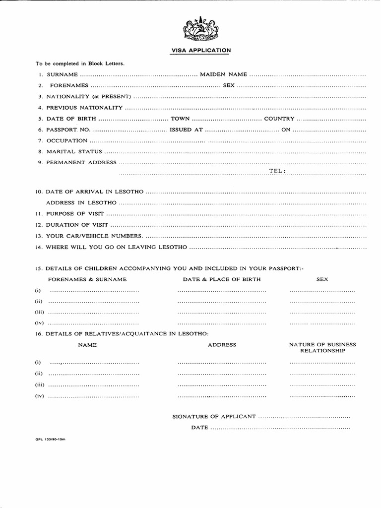 Lesotho Visa Form | PDF