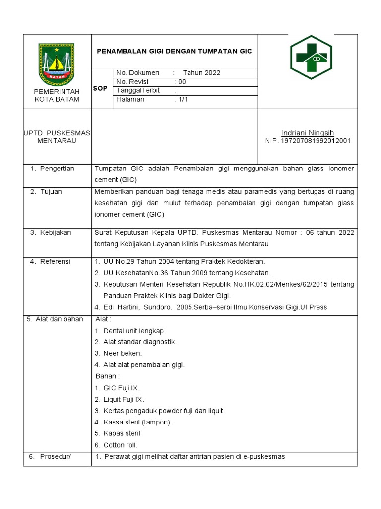 Sop - Penambalan Gigi Dengan Tumpatan Gic | PDF