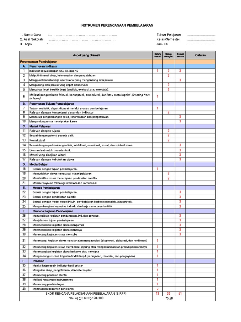 Instrumen Supervisi Rpp Dan Pbm K-13 | PDF