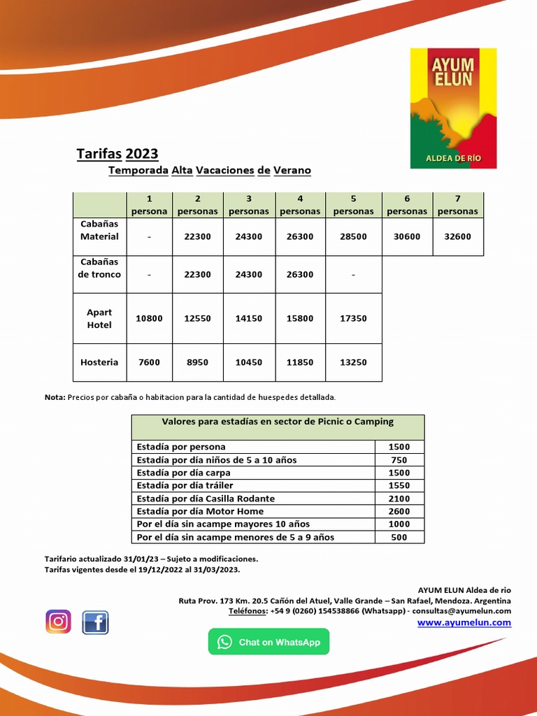 Tarifario Ayum Elun Aldea de Río - Temporada Verano 2023 | PDF