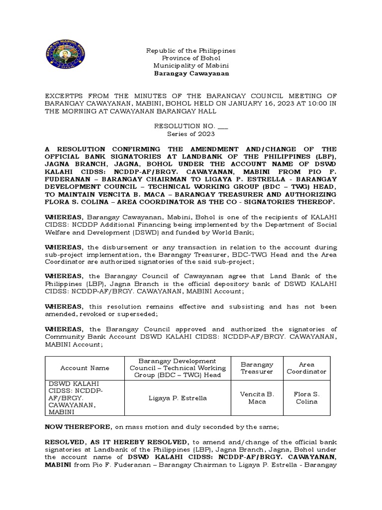 Cawayanan Resolution Change Signatory | PDF | Government | Governance