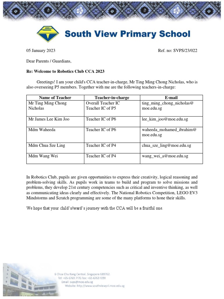 2023 Sem 1 - CCA Welcome Letter - Robotics-2 | PDF | Lego | Robotics