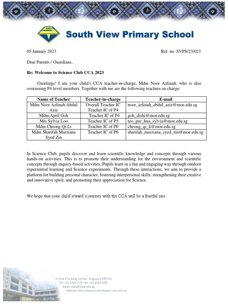 2023 Sem 1 - CCA Welcome Letter - Science Club - D | PDF | Psychology ...