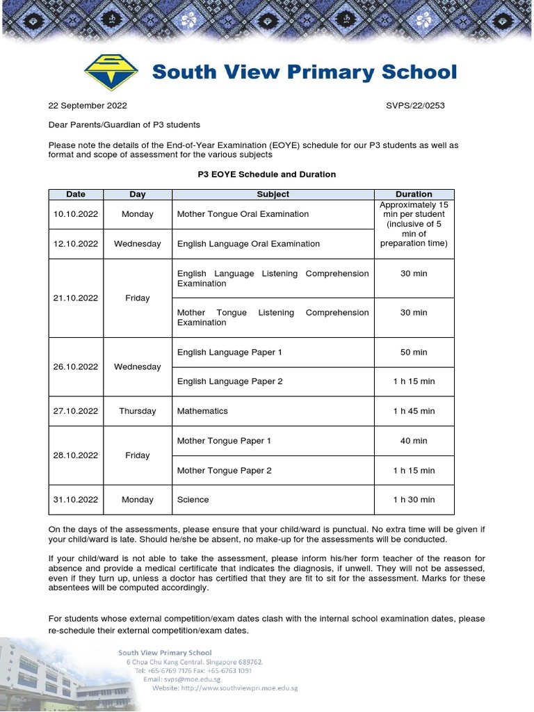 P3 EOYE Schedule and Duration Date Day Subject Duration | PDF ...