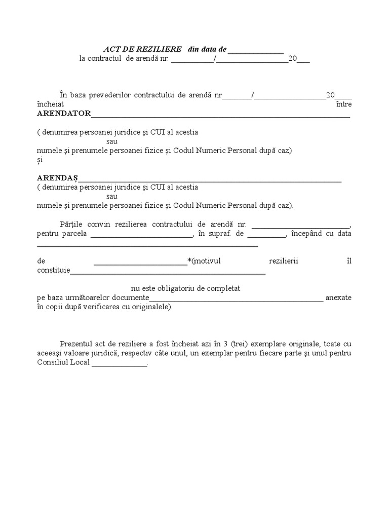 MODEL Act de Reziliere Contract Arenda | PDF