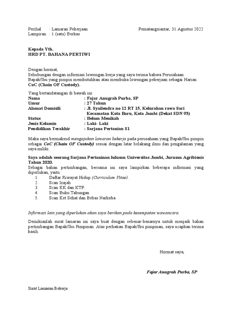 Surat Lamaran Fajar Word | PDF