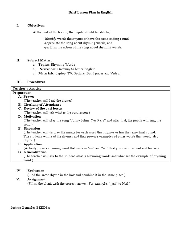 Brief Lesson Plan in English | PDF