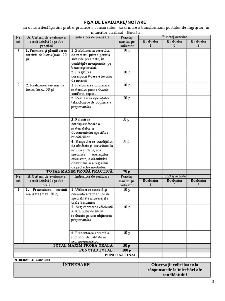 Fisa Notare Proba Practica ÎNGRIJITOR | PDF