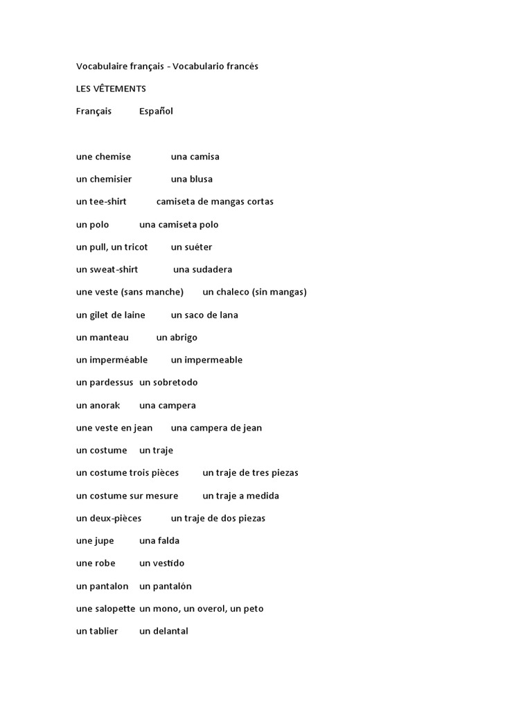 Vocabulaire des vêtements en français | PDF