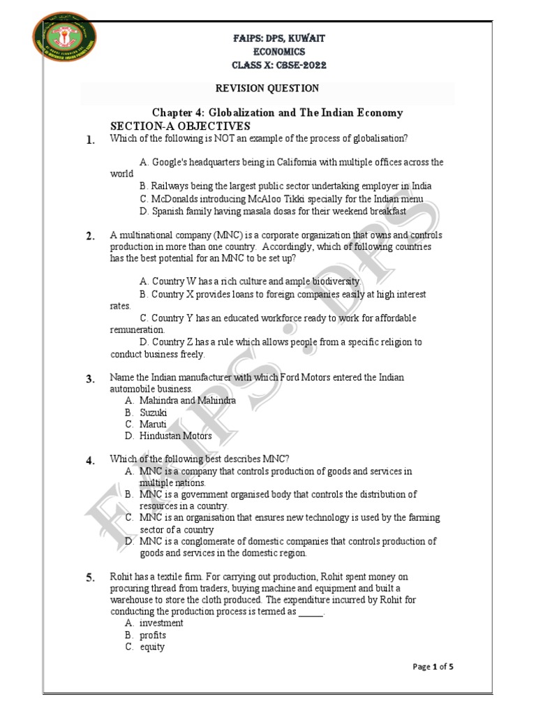 Ch4 Globalisation Practice QP 2022-23 | PDF | Multinational Corporation | Globalization
