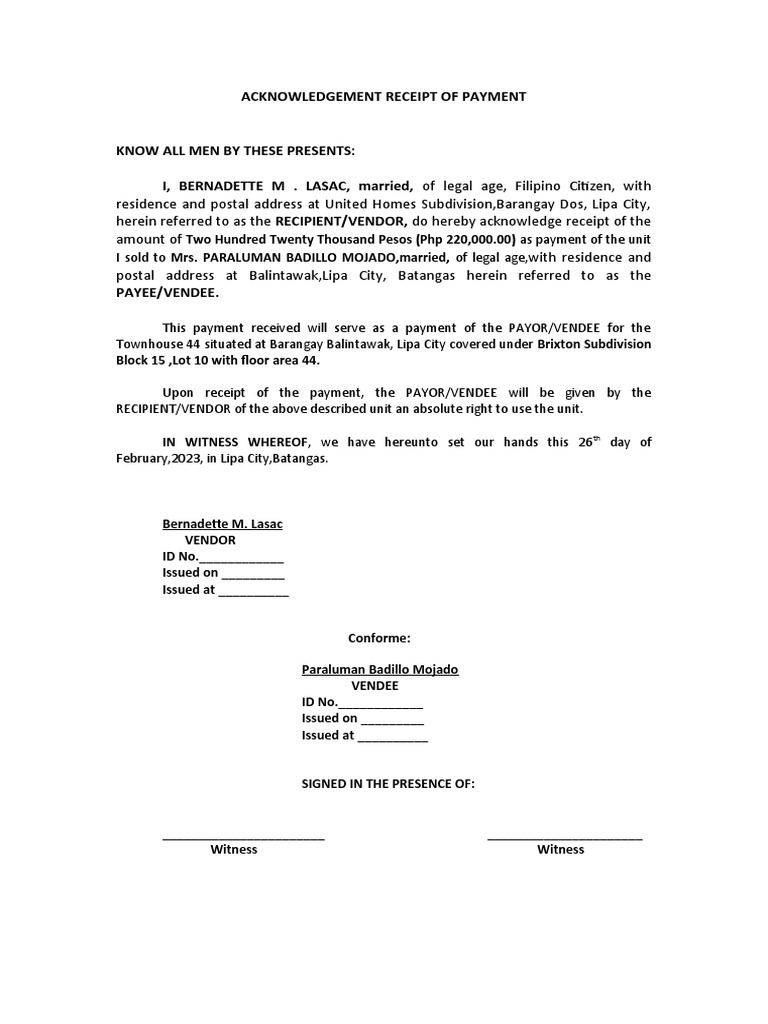 ACKNOWLEDGEMENT RECEIPT OF PAYMENT Brixton | PDF