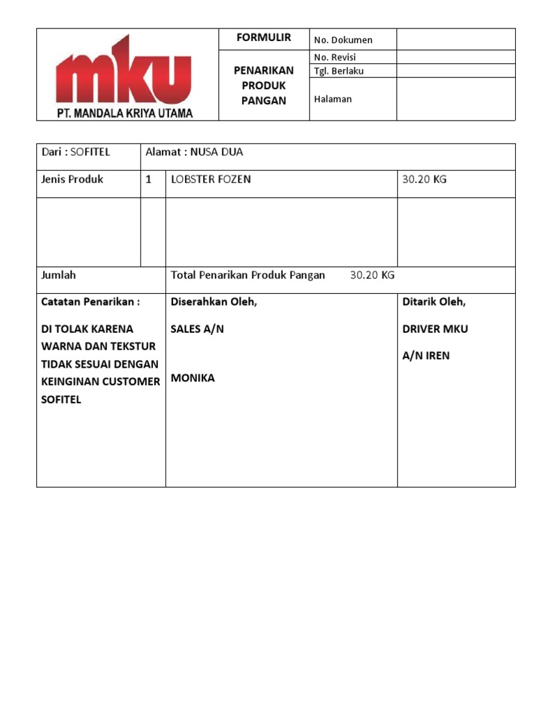 Formulir Penarikan Produk | PDF